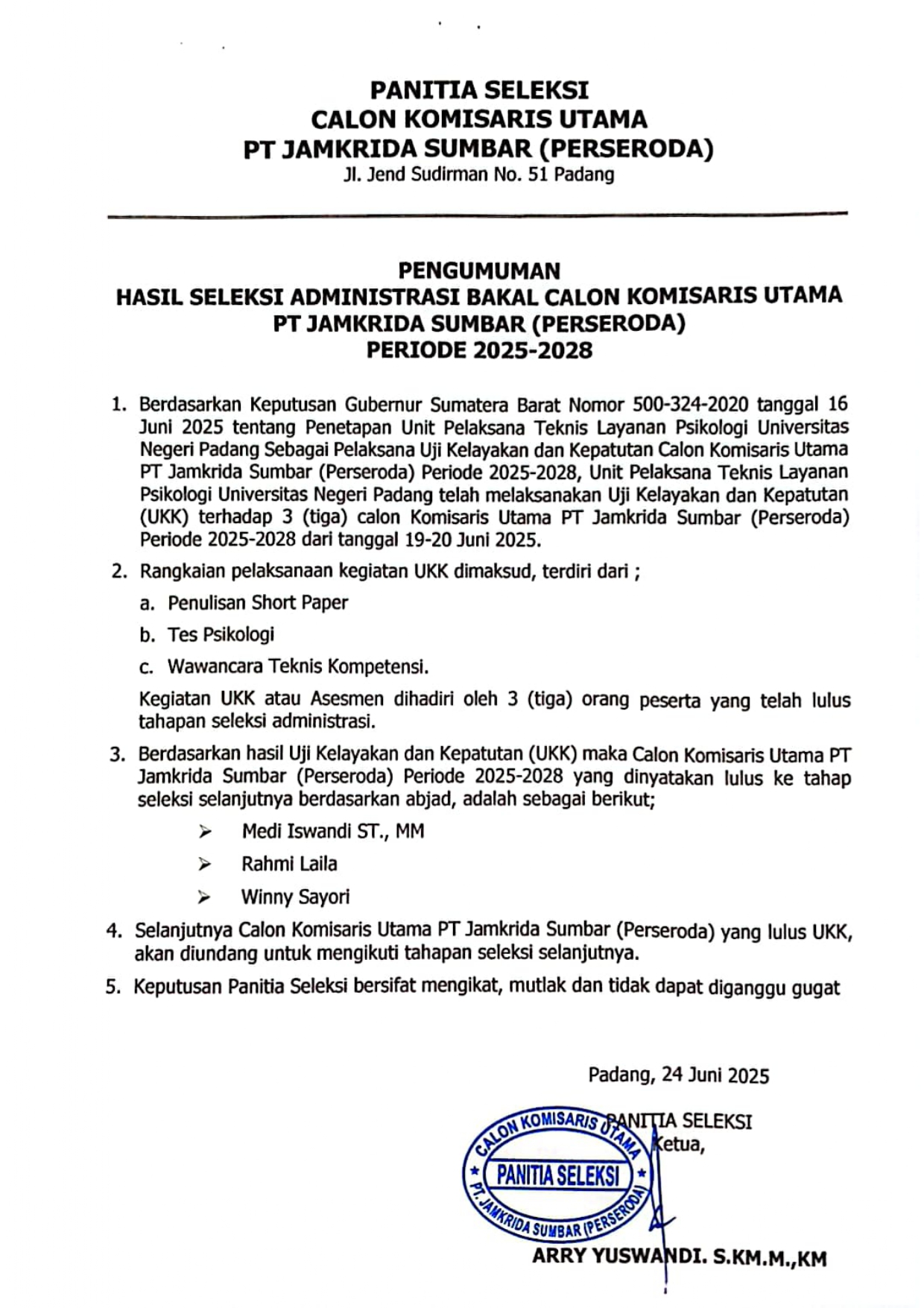 Pengumuman Hasil Seleksi Administrasi Bakal Calon Komisaris Utama PT ...